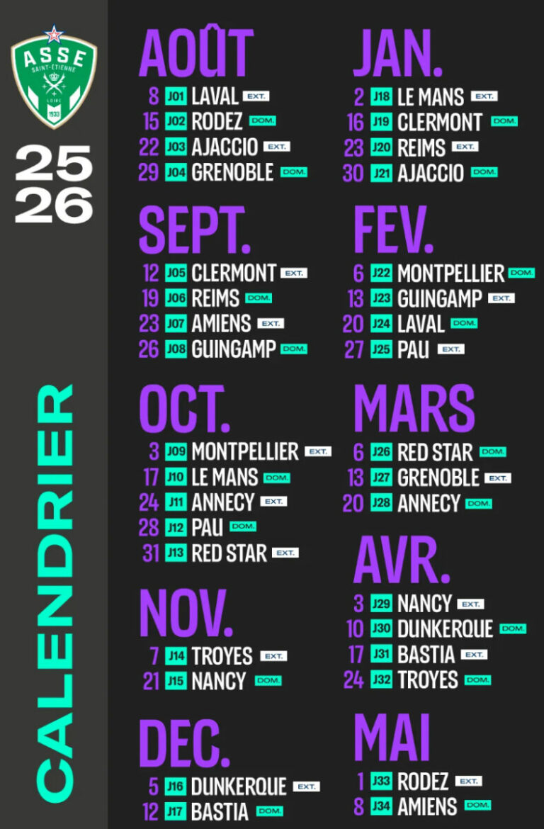 Ligue 2 : Le calendrier complet de l’ASSE est connu